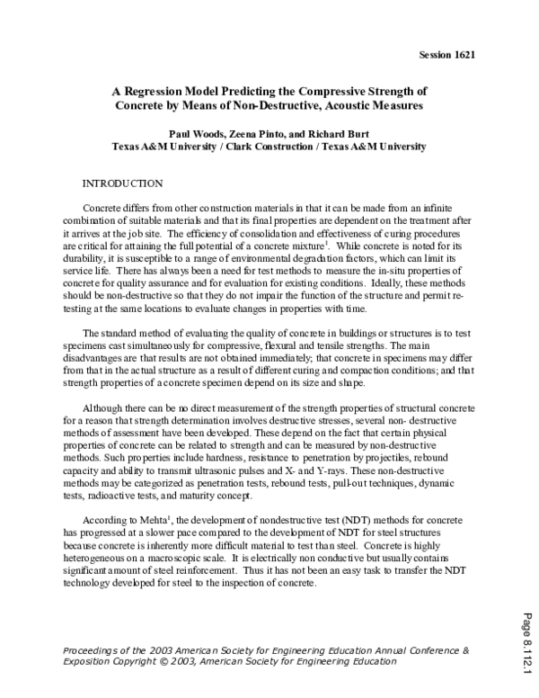 Pdf A Regression Model Predicting The Compressive Strength Of Concrete By Means Of Non