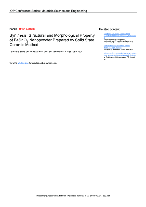 (PDF) Synthesis, Structural and Morphological Property of BaSnO3 ...