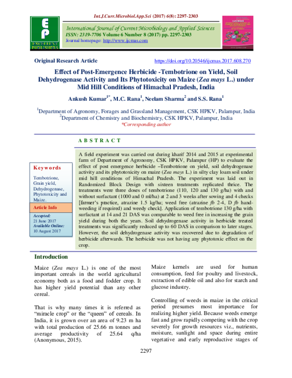 (PDF) Effect of Post-Emergence Herbicide -Tembotrione on Yield, Soil ...