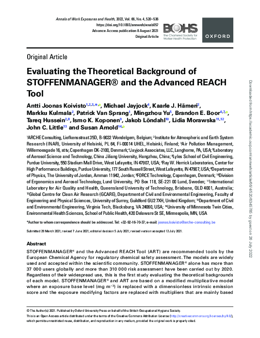 (PDF) Evaluating the Theoretical Background of STOFFENMANAGER® and the Advanced REACH Tool