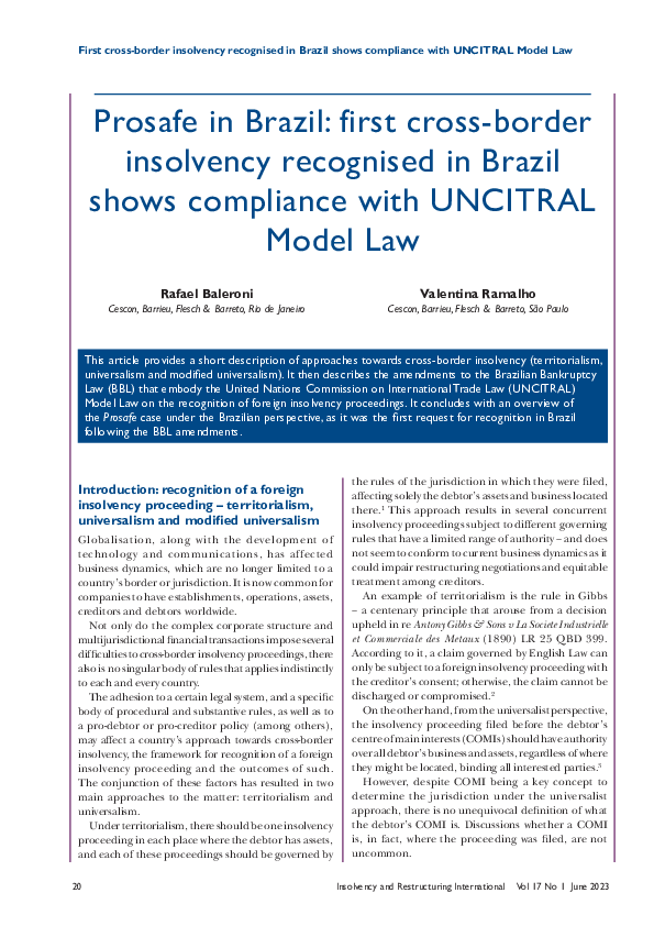 (PDF) Prosafe in Brazil: first cross-border insolvency recognised in Brazil shows compliance ...