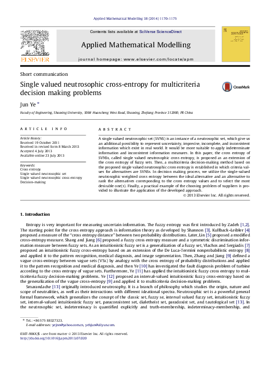 (PDF) Single valued neutrosophic cross-entropy for multicriteria decision making problems