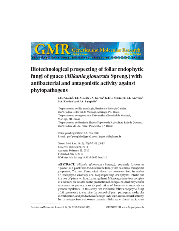 (PDF) Biotechnological prospecting of foliar endophytic fungi of guaco (Mikania glomerata Spreng ...