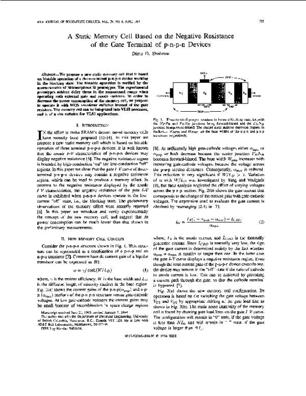(PDF) A static memory cell based on the negative resistance of the gate terminal of p-n-p-n devices