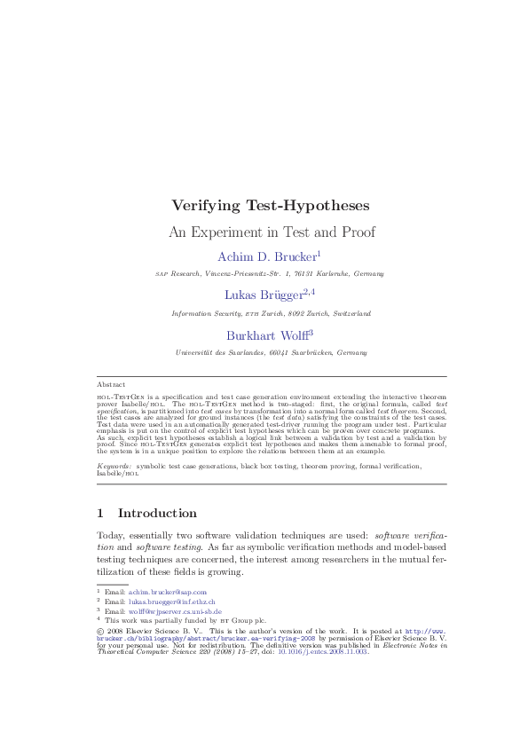 (PDF) Verifying Test-Hypotheses | Burkhart Wolff - Academia.edu