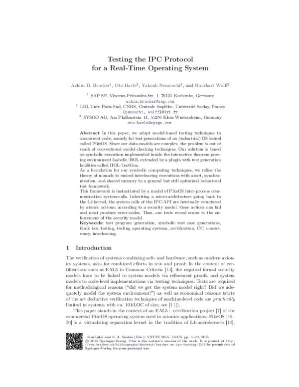 Pdf Testing The Ipc Protocol For A Real Time Operating System Burkhart Wolff
