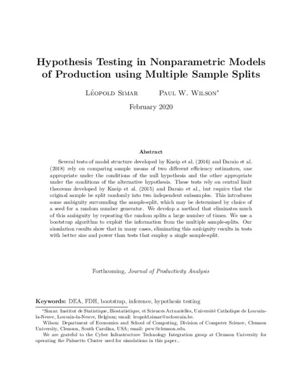 Pdf Hypothesis Testing In Nonparametric Models Of Production Using Multiple Sample Splits 
