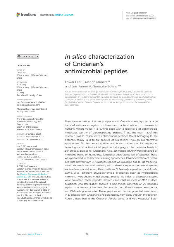 (PDF) In silico characterization of Cnidarian’s antimicrobial peptides