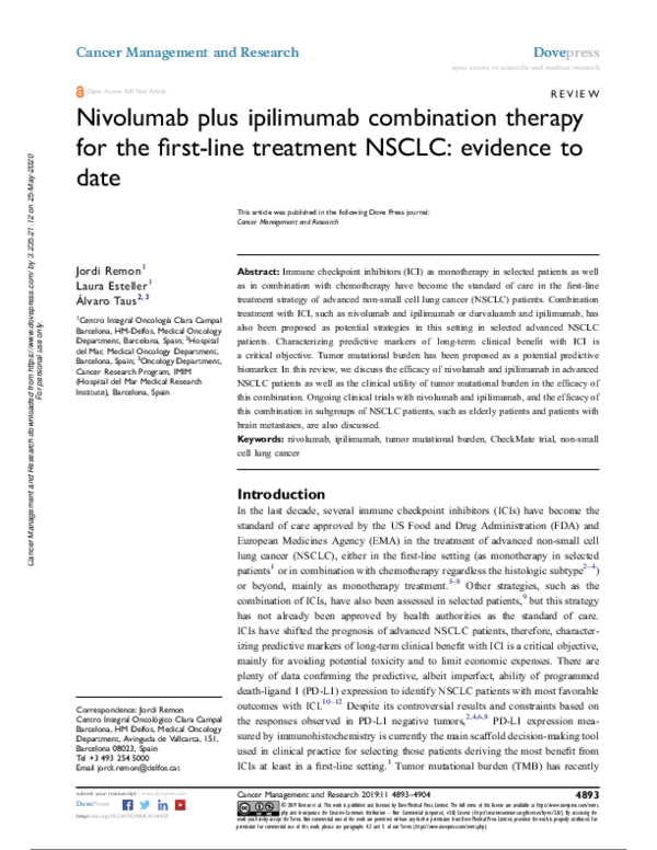 (PDF) Nivolumab plus ipilimumab combination therapy for the first-line treatment NSCLC: evidence ...