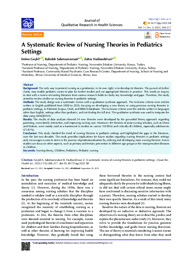 (PDF) A Systematic Review of Nursing Theories in Pediatrics Settings