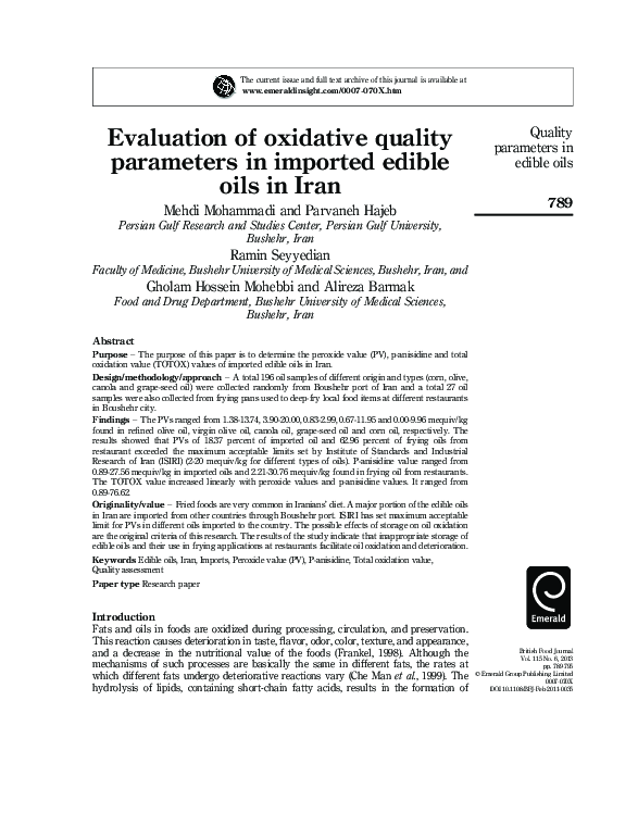(PDF) Evaluation of oxidative quality parameters in imported edible ...
