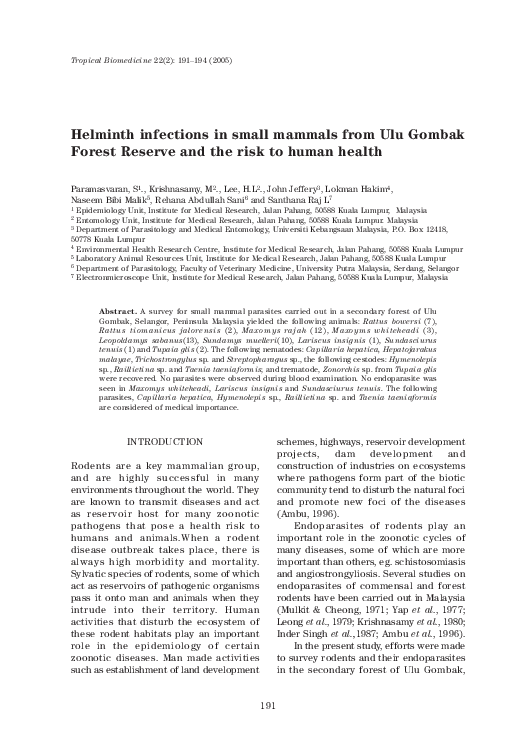 (PDF) Helminth infections in small mammals from Ulu Gombak Forest ...