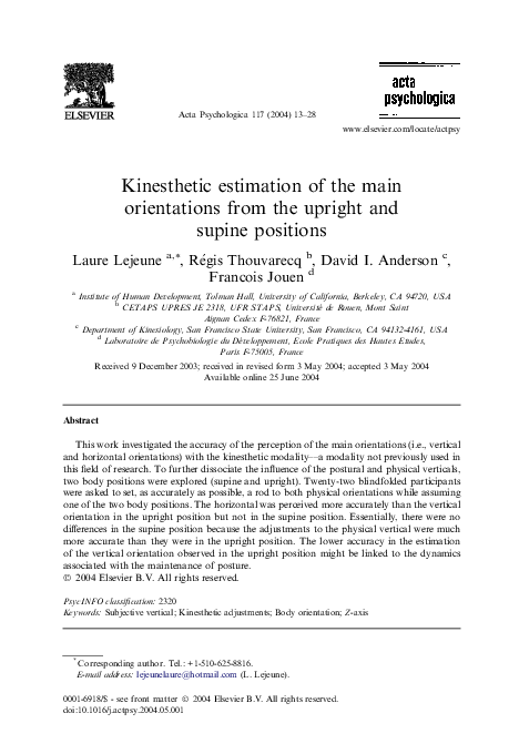 Pdf Kinesthetic Estimation Of The Main Orientations From The Upright And Supine Positions