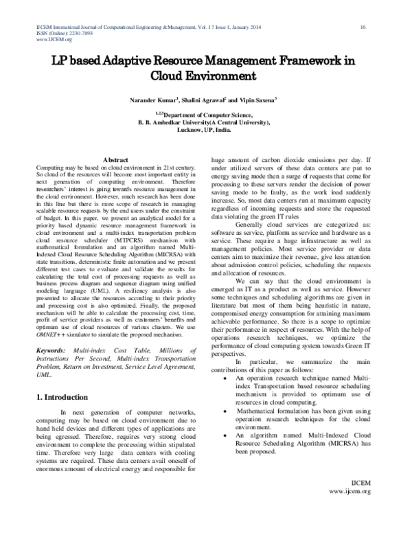 Pdf Lp Based Adaptive Resource Management Framework In Cloud Environment
