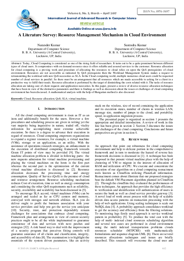 (PDF) A Literature Survey: Resource Management Mechanism in Cloud Environment