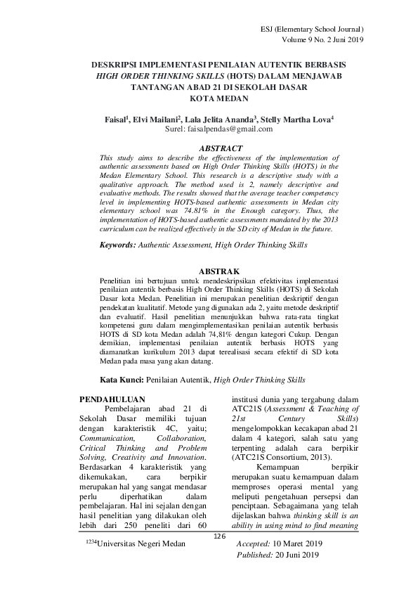 (PDF) Deskripsi Implementasi Penilaian Autentik Berbasis High Order Thinking Skills (Hots) Dalam ...