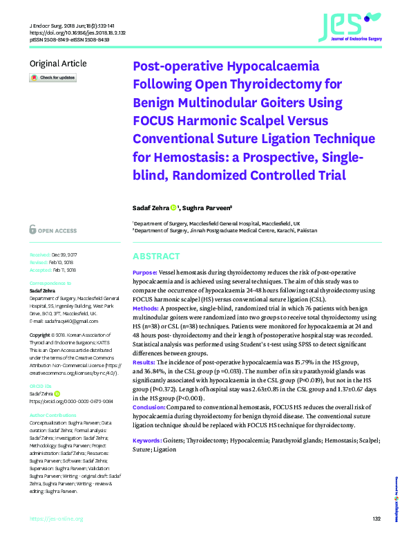 (PDF) Post-operative Hypocalcaemia Following Open Thyroidectomy for Benign Multinodular Goiters ...