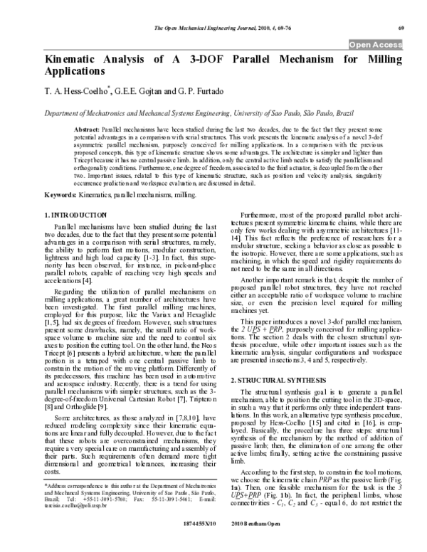 (PDF) Kinematic Analysis of A 3-DOF Parallel Mechanism for Milling Applications