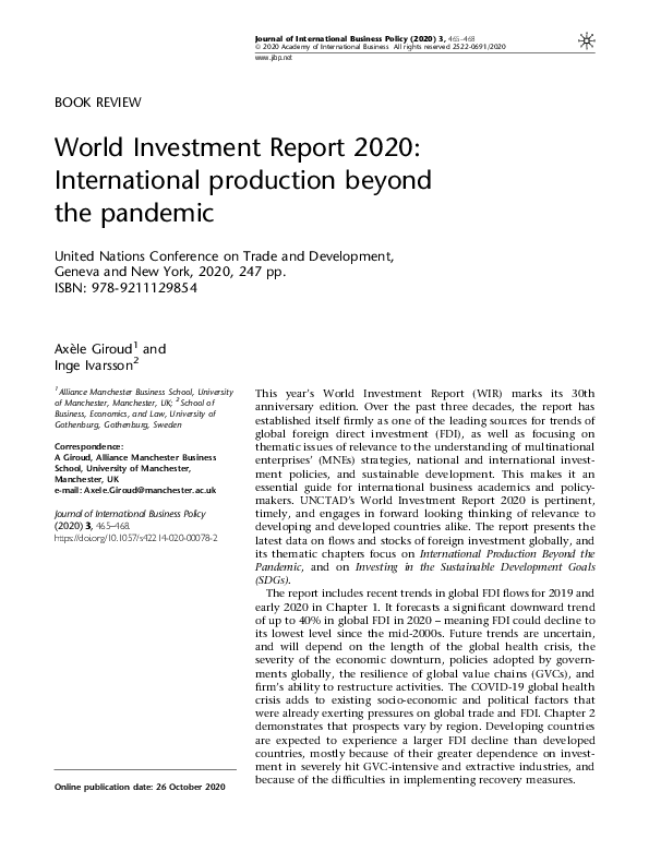 (PDF) World Investment Report 2020: International production beyond the ...