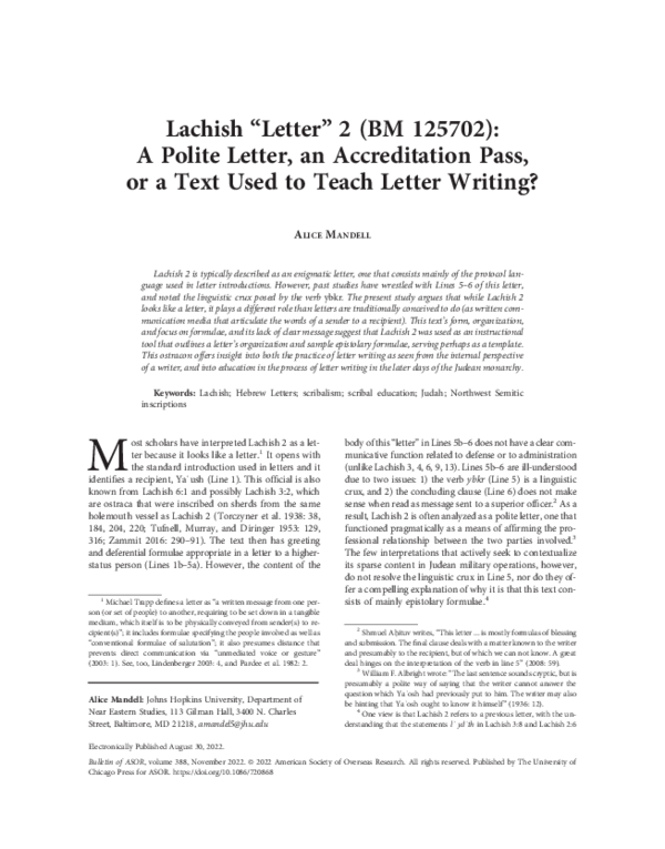 (PDF) Lachish "Letter" 2 (BM 125702): A Polite Letter, an Accreditation ...