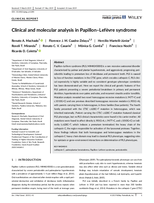 (PDF) Clinical and molecular analysis in Papillon–Lefèvre syndrome