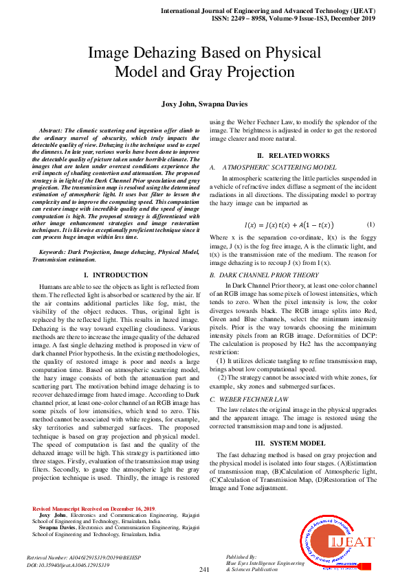 (PDF) Image Dehazing Based on Physical Model and Gray Projection | Ms. Swapna Davies - Academia.edu