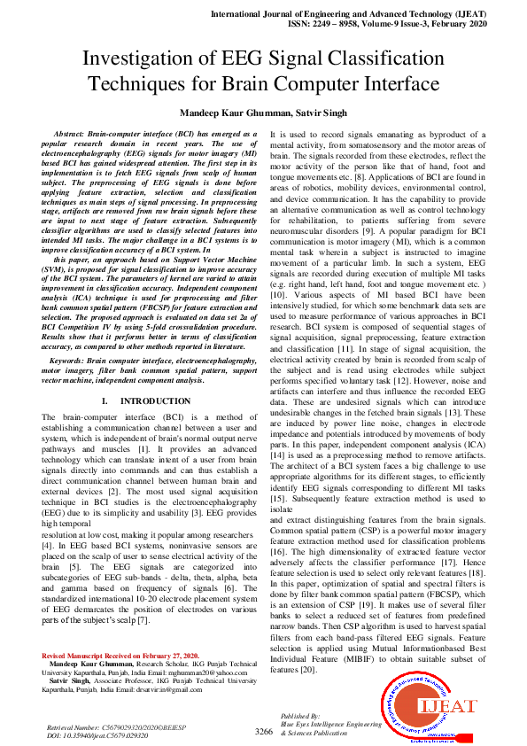 (PDF) Investigation of EEG Signal Classification Techniques for Brain Computer Interface