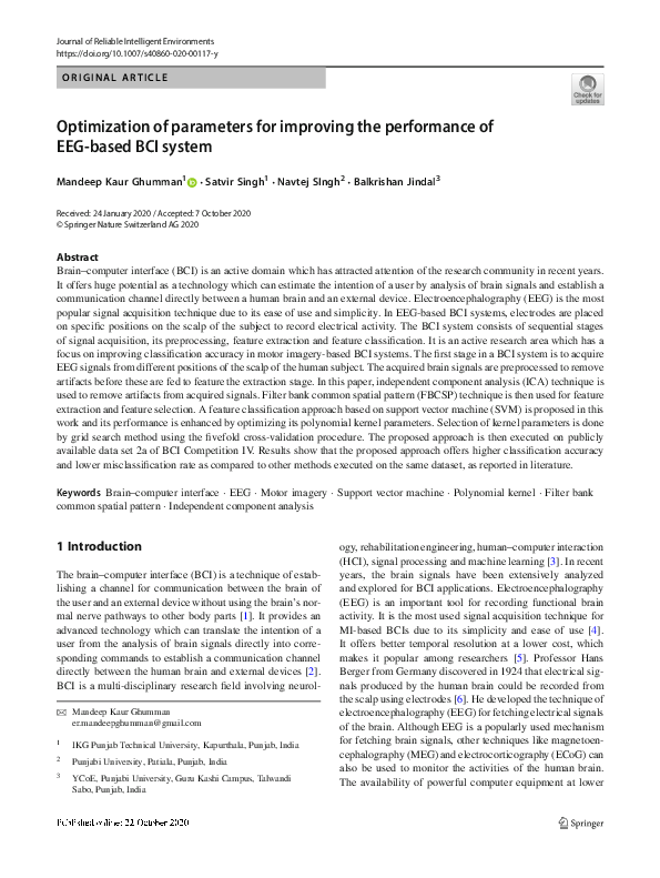 Pdf Optimization Of Parameters For Improving The Performance Of Eeg Based Bci System