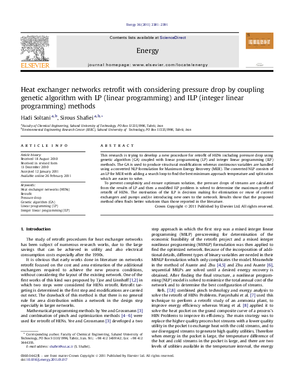 (PDF) Heat exchanger networks retrofit with considering pressure drop by coupling genetic ...