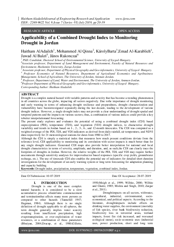 (PDF) Applicability of a Combined Drought Index to Monitoring Drought in Jordan
