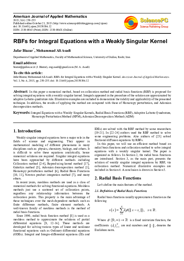 (PDF) RBFs for Integral Equations with a Weakly Singular Kernel