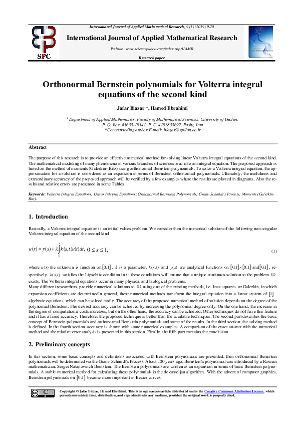 (PDF) Orthonormal Bernstein polynomials for Volterra integral equations of the second kind