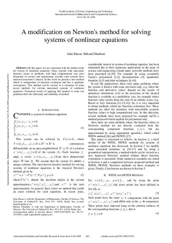 (PDF) A Modification On Newton'S Method For Solving Systems Of Nonlinear Equations