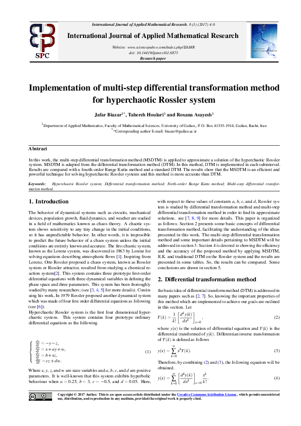 Pdf Implementation Of Multi Step Differentialtransformation Method For Hyperchaotic Rossler