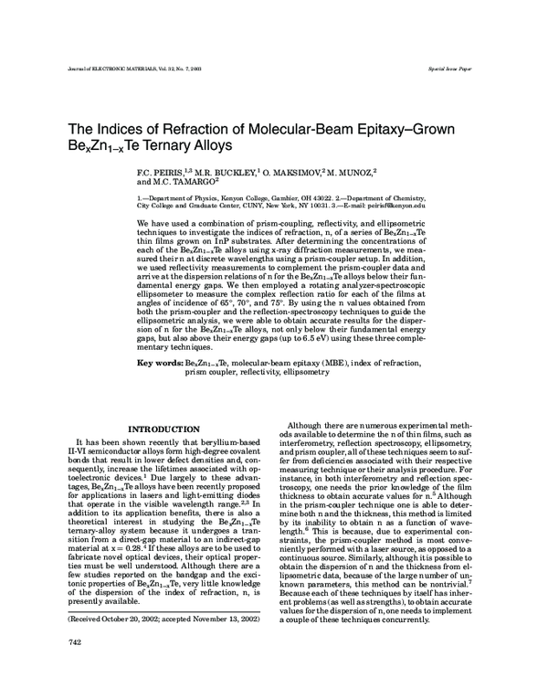 (PDF) The indices of refraction of molecular-beam epitaxy-grown BexZn1−xTe ternary alloys