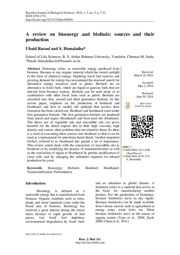 (PDF) A review on bioenergy and biofuels: sources and their production