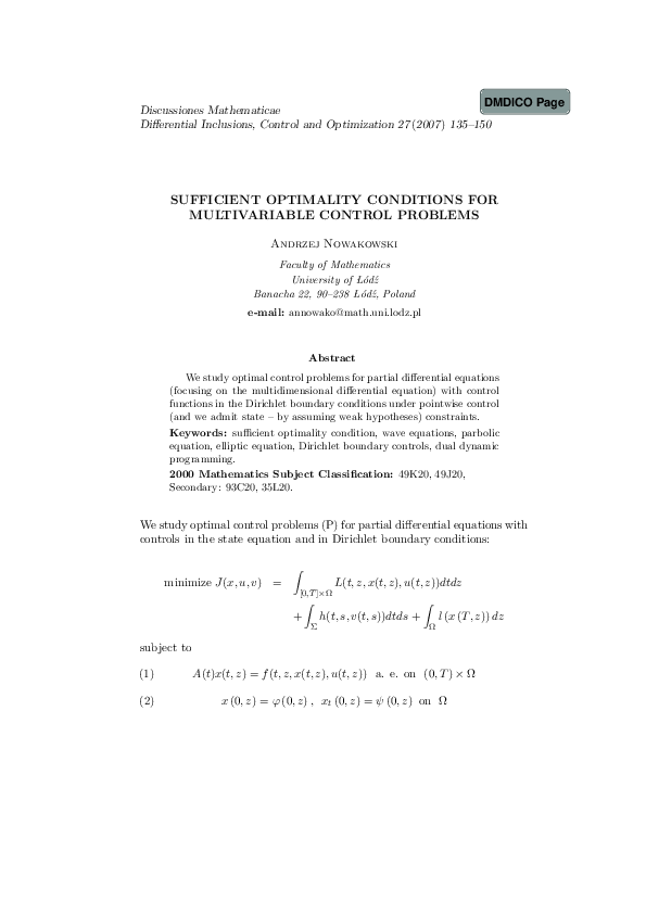Pdf Sufficient Optimality Conditions For Multivariable Control Problems