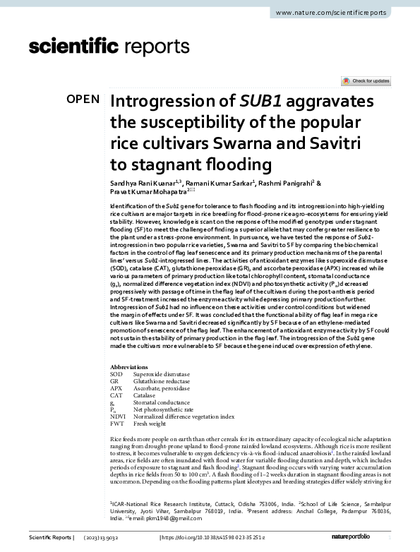 (PDF) Introgression of SUB1 aggravates the susceptibility of the ...