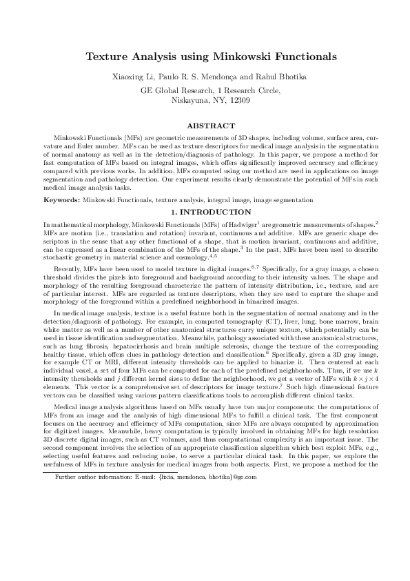 (PDF) Texture analysis using Minkowski functionals