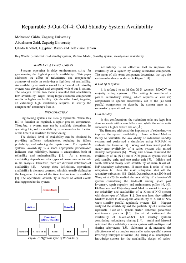 (PDF) Repairable 3-out-of-4: Cold standby system availability