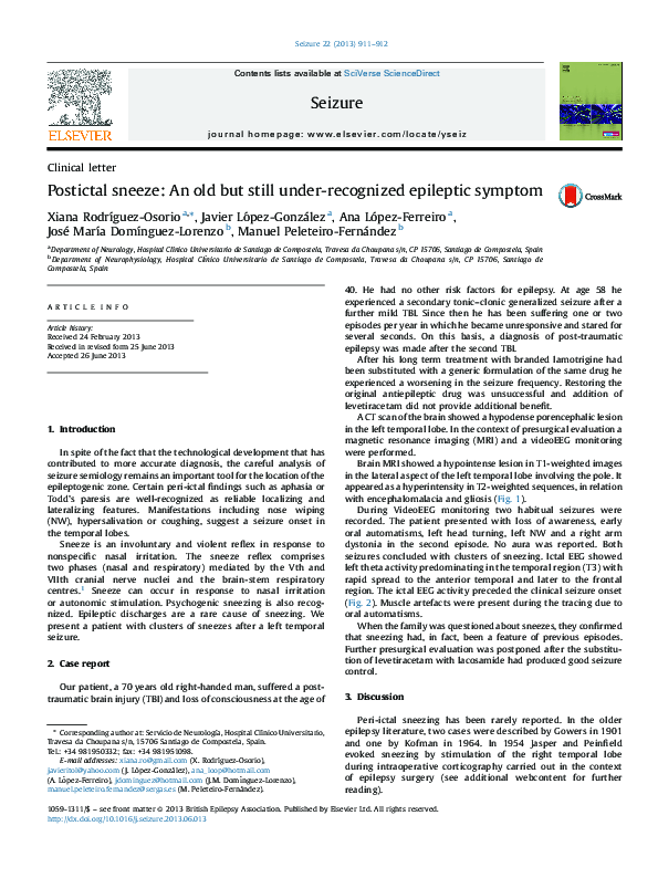 (PDF) Postictal sneeze: An old but still under-recognized epileptic symptom