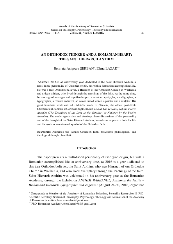 (PDF) An Orthodox Thinker and a Romanian Heart: The Saint Hierarch Anthim