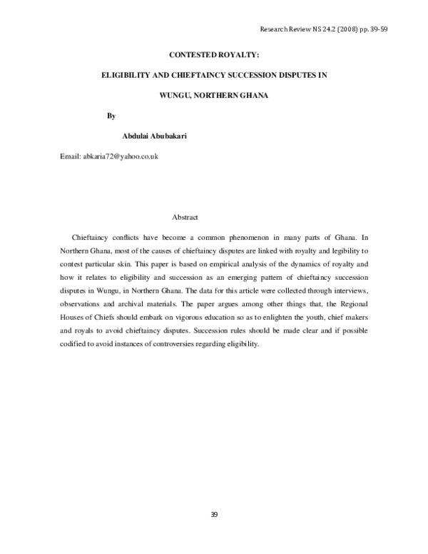 (PDF) CONTESTED ROYALTY: ELIGIBILITY AND CHIEFTAINCY SUCCESSION ...