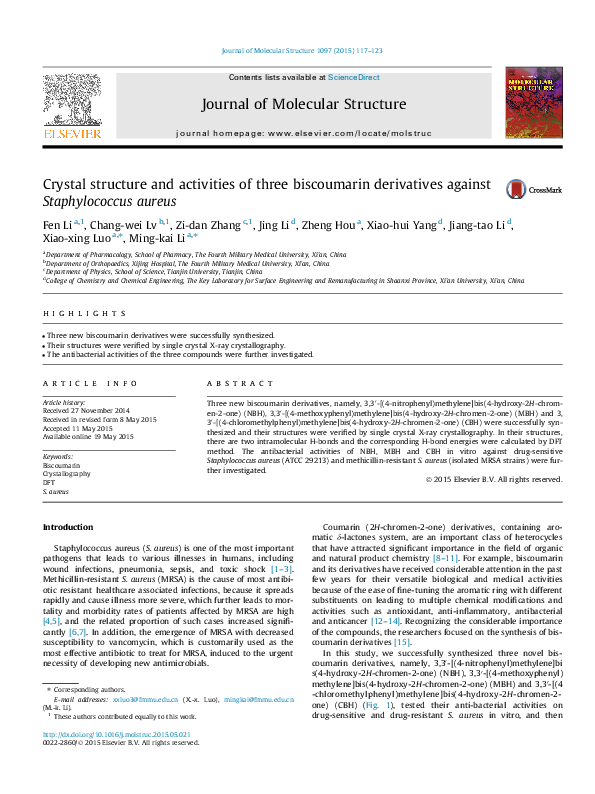 (PDF) Crystal structure and activities of three biscoumarin derivatives against Staphylococcus ...