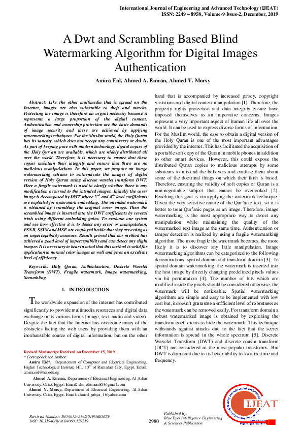 Pdf A Dwt And Scrambling Based Blind Watermarking Algorithm For Digital Images Authentication