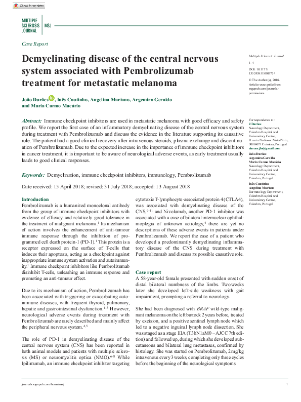 (PDF) Demyelinating disease of the central nervous system associated with Pembrolizumab ...