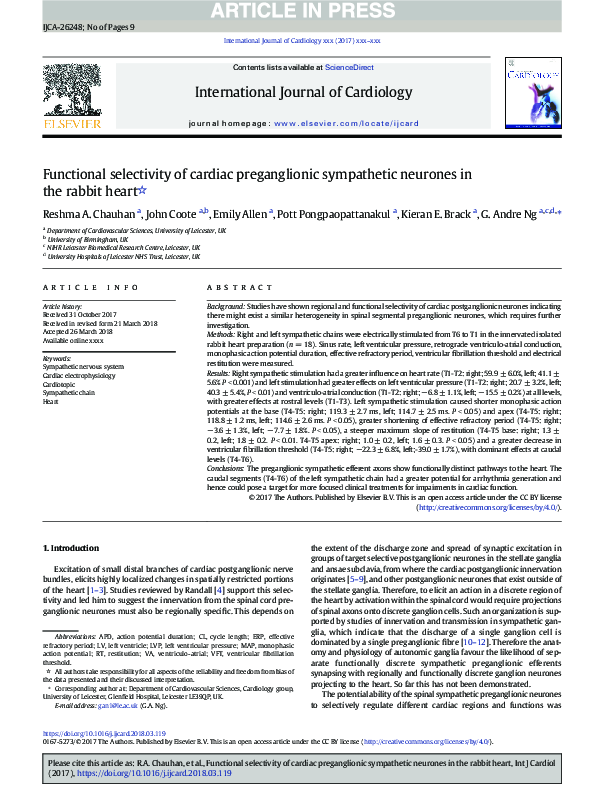(PDF) Functional selectivity of cardiac preganglionic sympathetic ...
