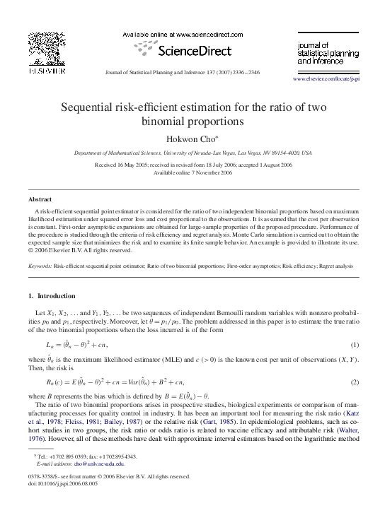 (PDF) Sequential risk-efficient estimation for the ratio of two binomial proportions