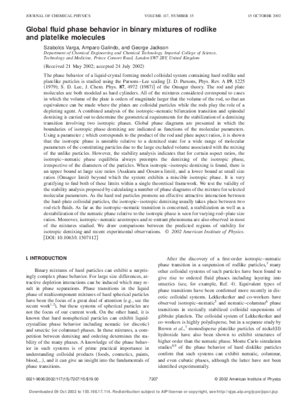 (PDF) Global fluid phase behavior in binary mixtures of rodlike and platelike molecules