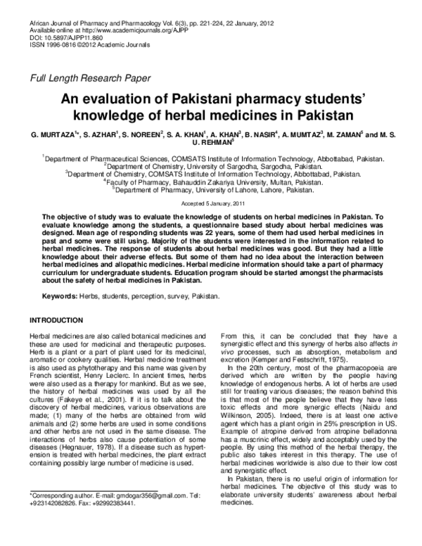 (PDF) An evaluation of Pakistani pharmacy students knowledge of herbal ...
